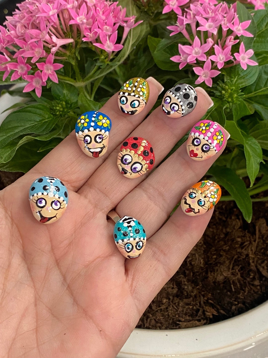 8 Tiny Funny Face Flower Pot Bugs Hand Painted on Real Pebbles Pocket ...