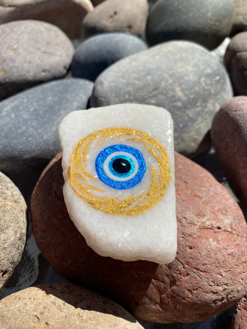 Greek Evil Eye Stone Hand Painted on Santorini Stone V | Etsy