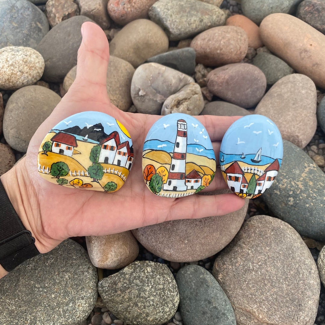 Sea Side Folk Art Village, Set of 3 Stones, Hand Painted on Arizona ...