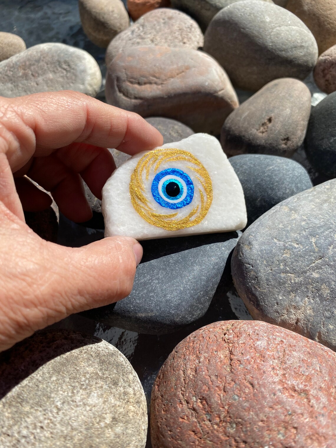 Greek Evil Eye Stone Hand Painted on Santorini Stone V | Etsy