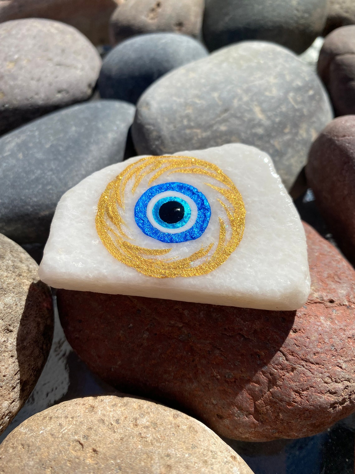 Greek Evil Eye Stone Hand Painted on Santorini Stone V | Etsy