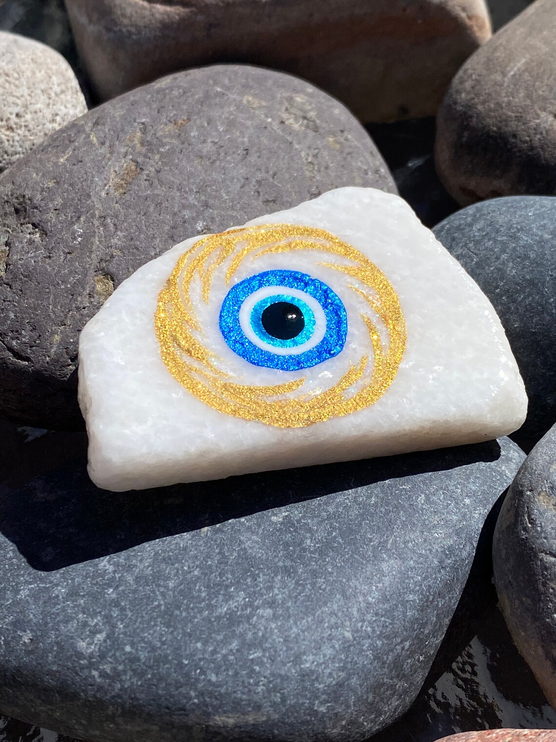 Greek Evil Eye Stone Hand Painted on Santorini Stone V | Etsy