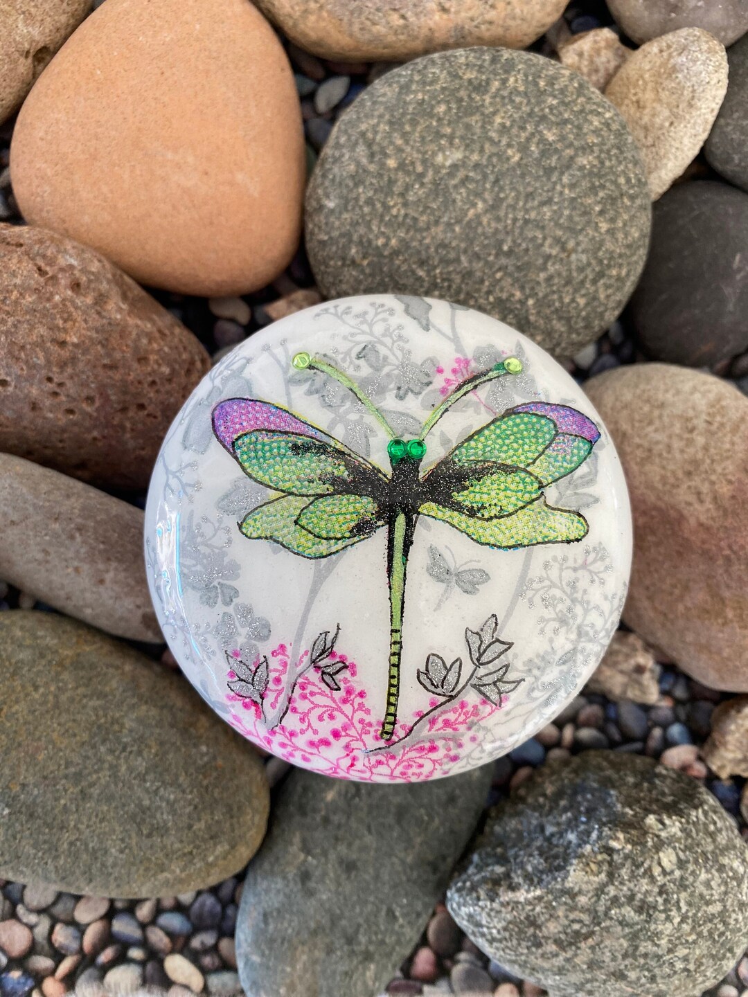 3 Green Dragonfly Multi Medium Stone on Man Made Rock Stone by Val - Etsy