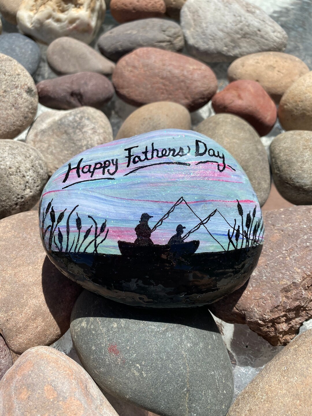 Happy Fathers Day Fishing Rock Stone by Val - Etsy