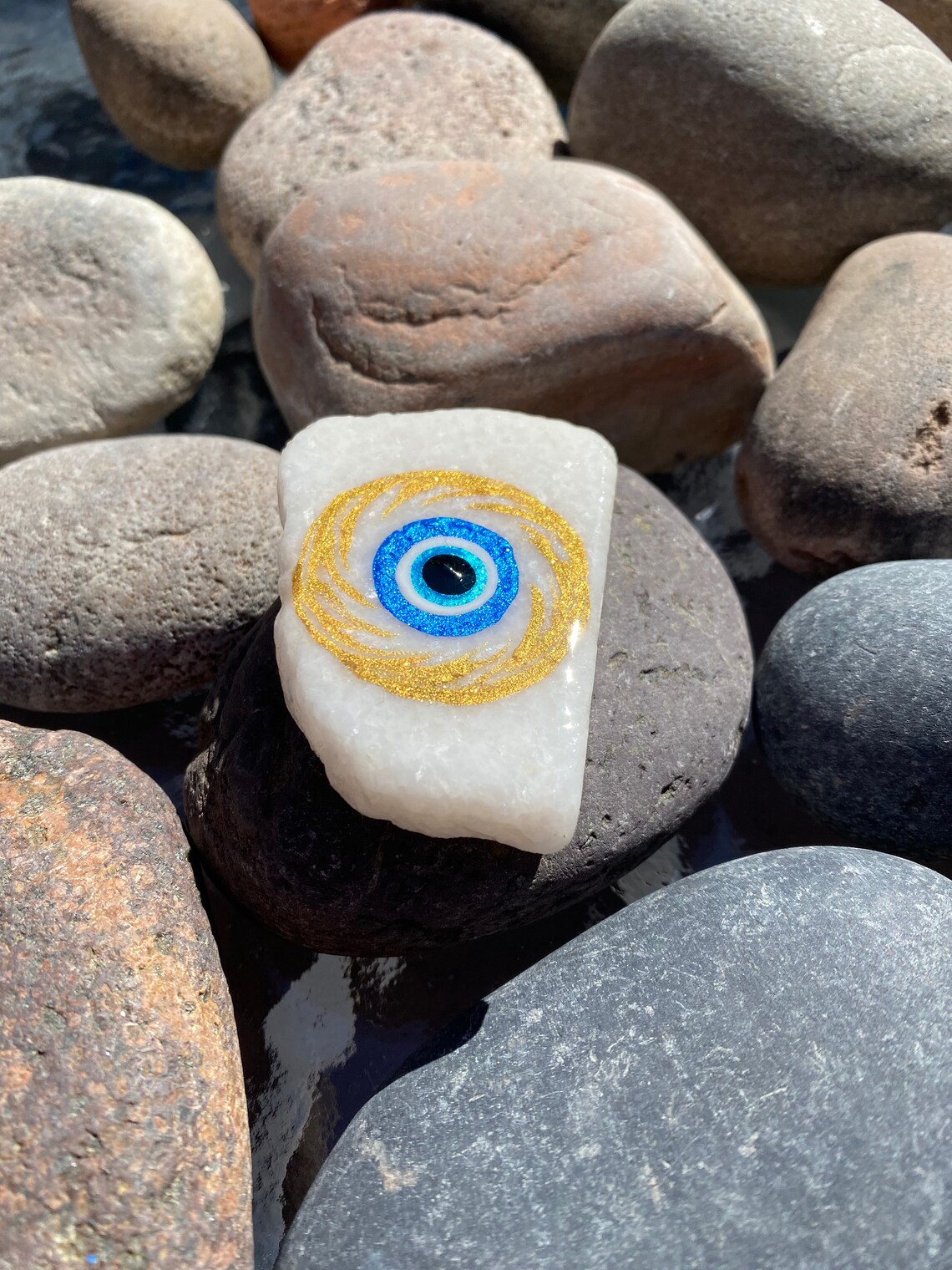 Greek Evil Eye Stone Hand Painted on Santorini Stone V | Etsy