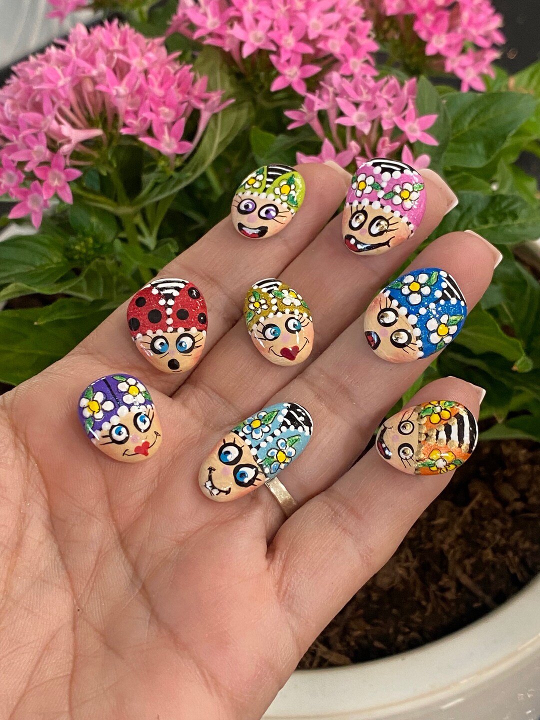 8 Tiny Funny Face Flower Pot Bugs Hand Painted on Real Pebbles Pocket ...