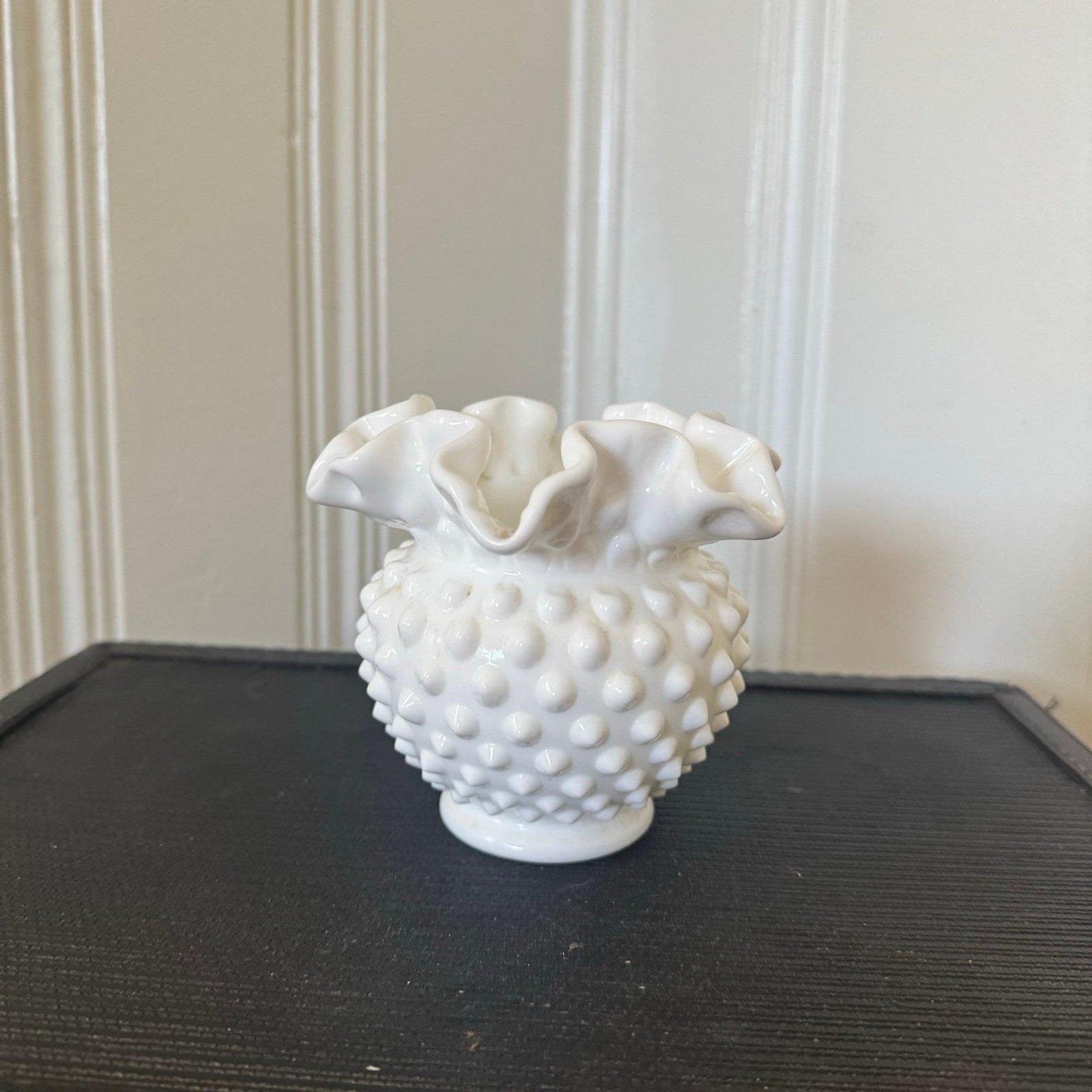 Fenton Milk Glass Hobnail Pattern With Ruffled Edge Vase and Pedestal ...