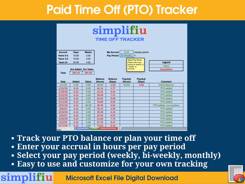 PTO Paid Time off Tracker Excel Spreadsheet - Etsy