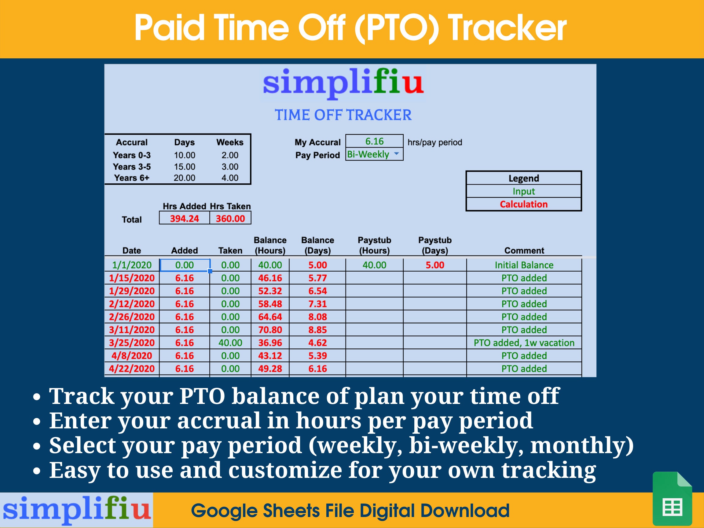 Pto Paid Time Off Tracker Google Spreadsheet Etsy