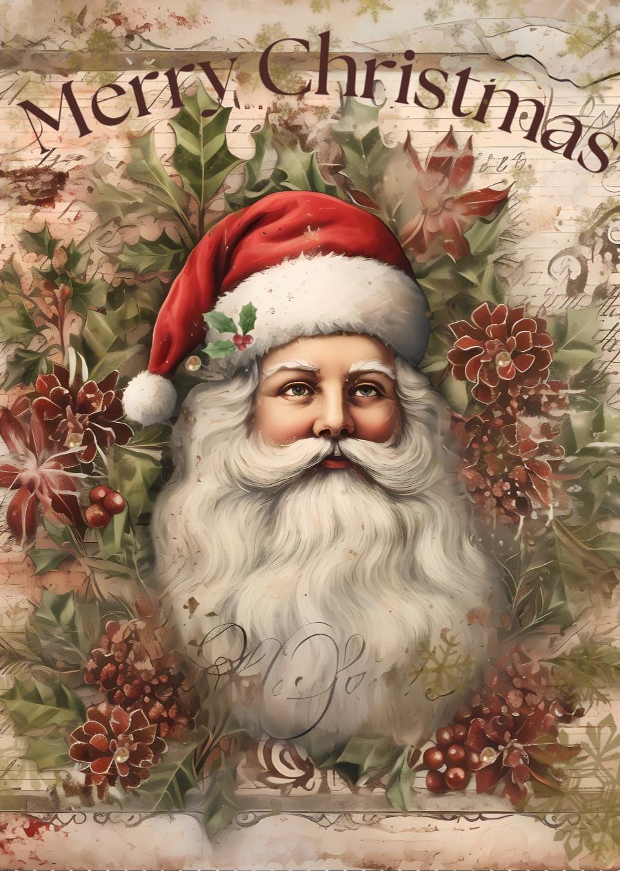 Vintage Santa Card Christmas Print Holiday Illustration Classic Design ...