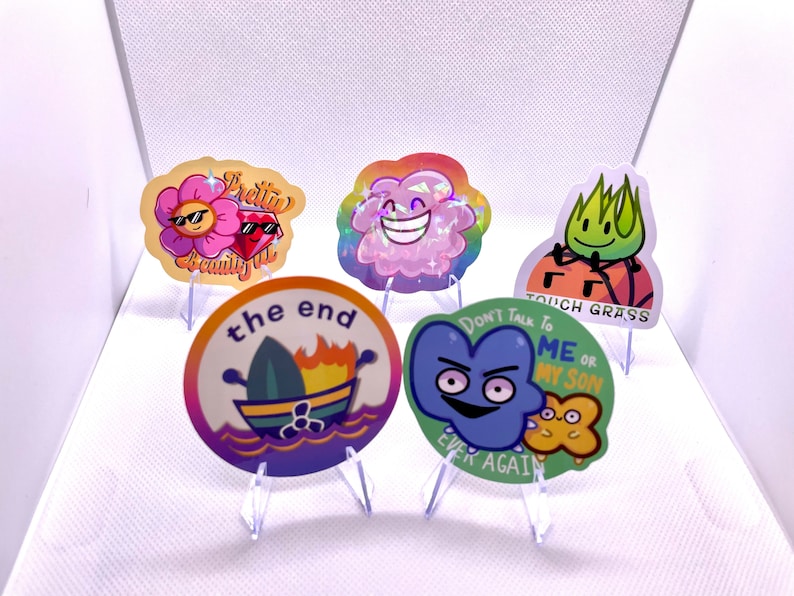 BFDI 2.5" Vinyl Sticker Pack 1 (grassy, Ruby, Flower, Four, X, Firey ...