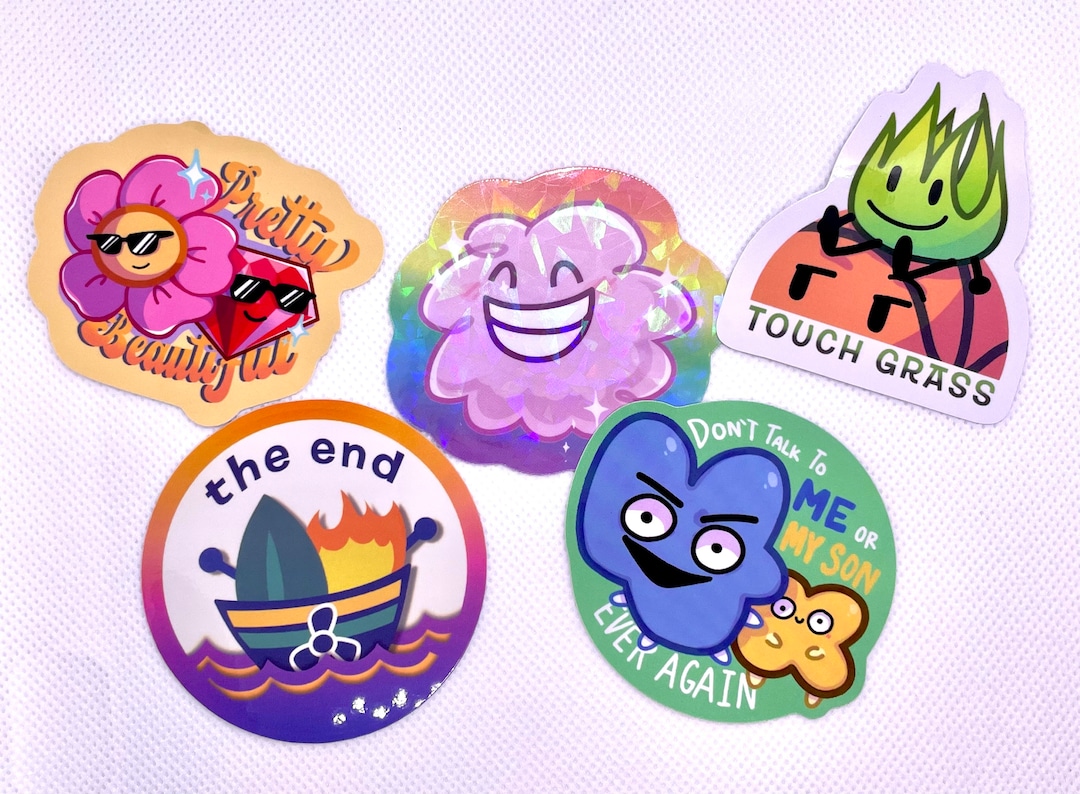 BFDI 2.5" Vinyl Sticker Pack 1 (grassy, Ruby, Flower, Four, X, Firey ...