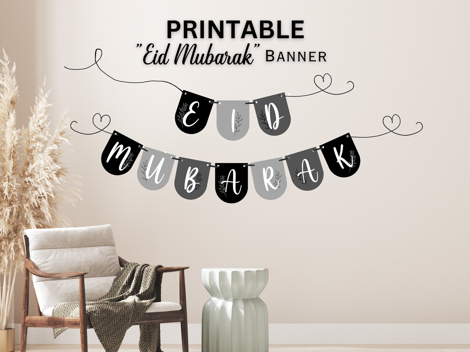 Black PRINTABLE DIGITAL Eid Mubarak Banner - Ramadan Eid Decor ...