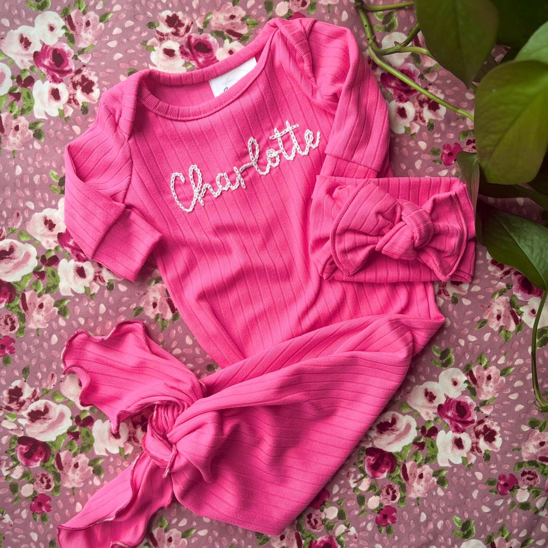 Personalized Knotted Gown, Baby Girl Hospital Outfit, Embroidered Baby ...