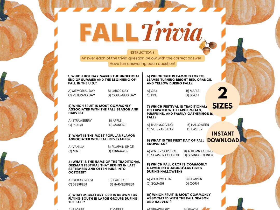 Fall Trivia Printable Game Autumn Activities Halloween Games for Teens ...