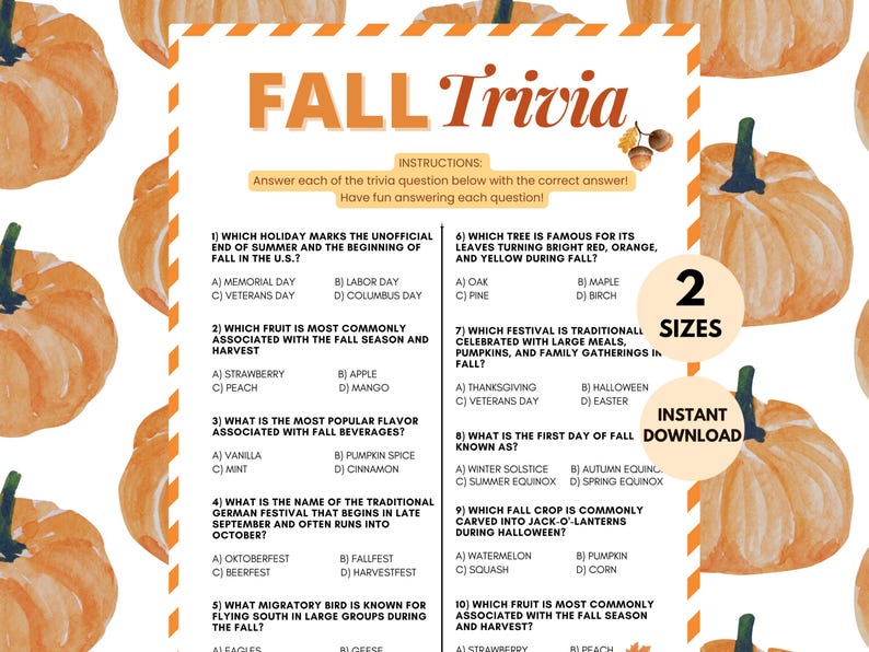 Fall Trivia Printable Game Autumn Activities Halloween Games for Teens ...