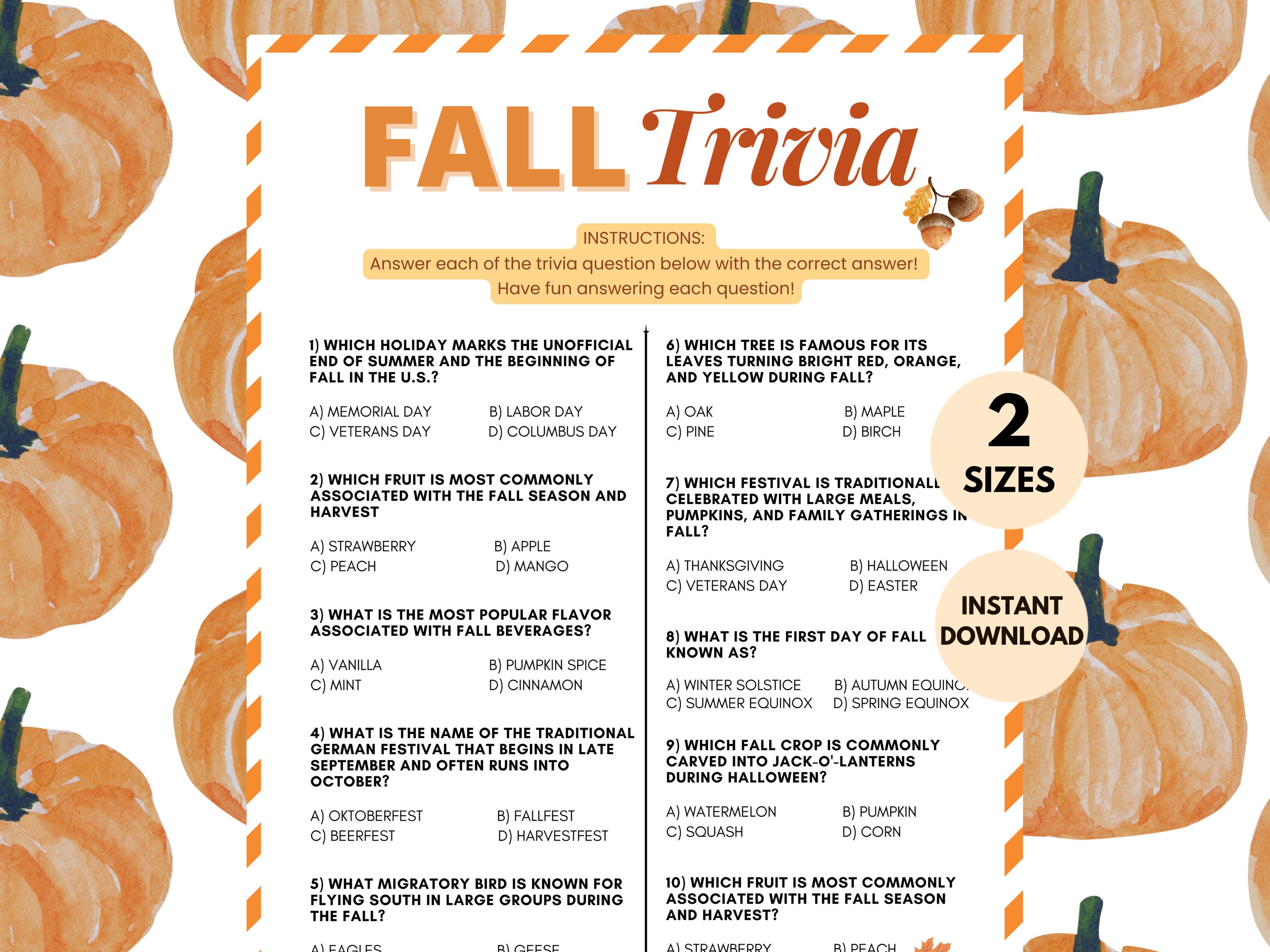 Fall Trivia Printable Game Autumn Activities Halloween Games for Teens ...