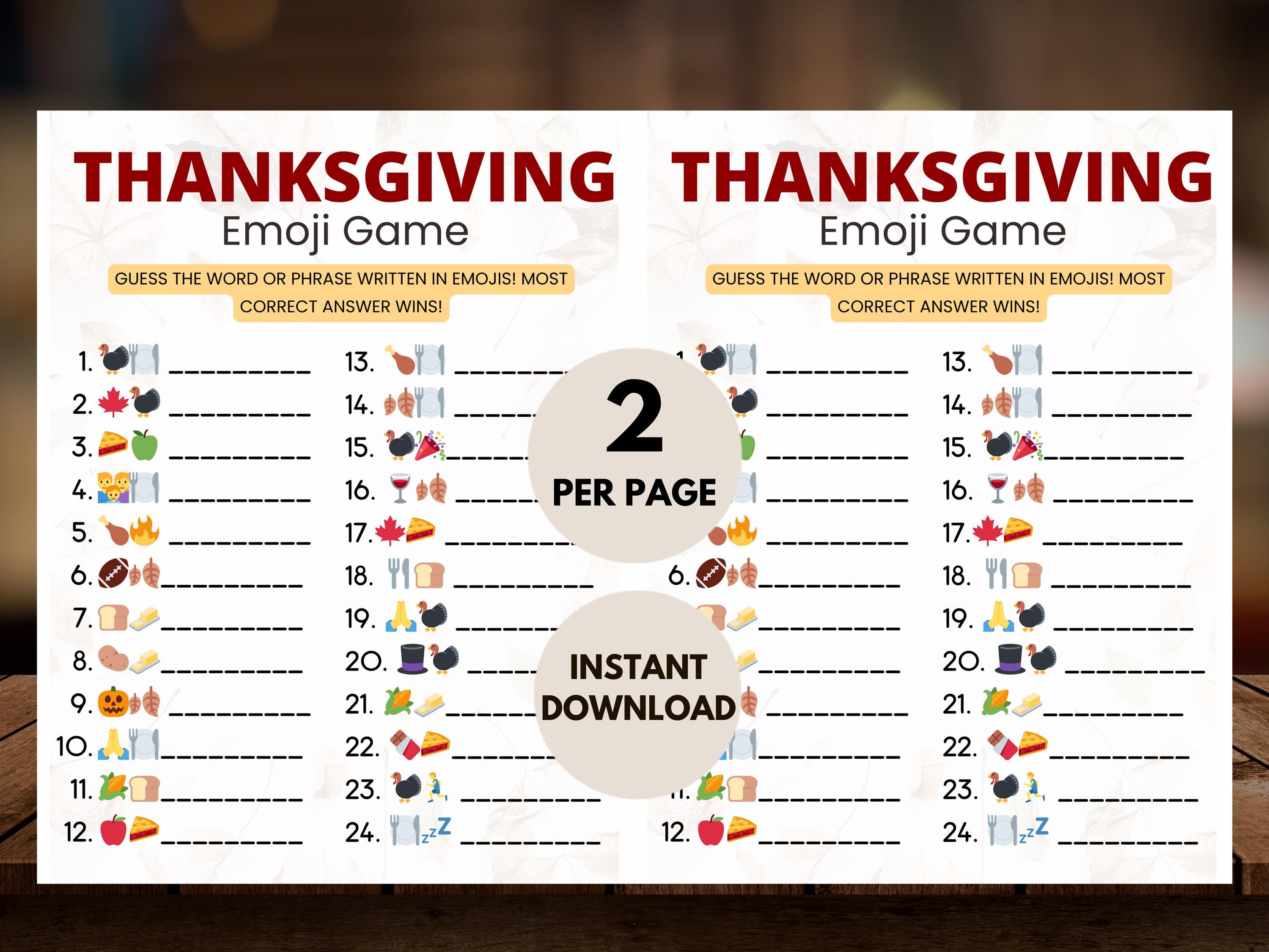 Thanksgiving Emoji Game, Printable Fall Pictionary Game for Kids Teens ...