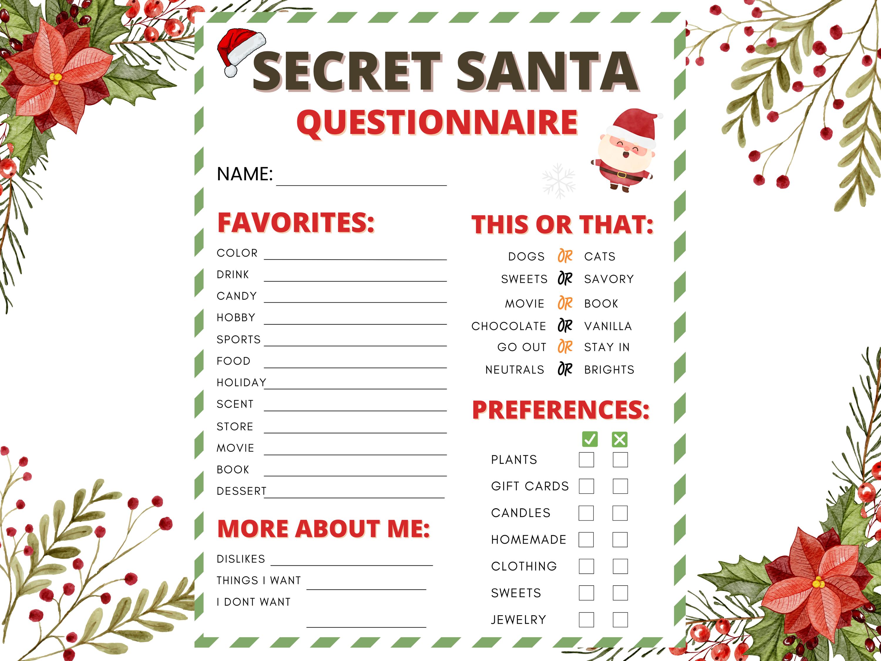 Secret Santa Questionnaire for Christmas Gift Exchange Printable ...