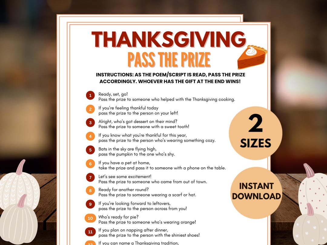 Thanksgiving Pass the Prize Game, Fall Printable Games, Friendsgiving ...