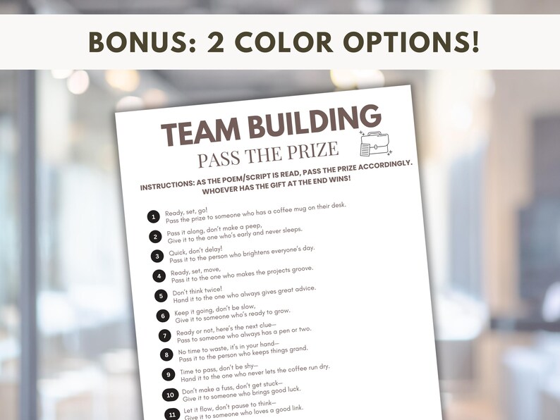 Office Team Building Games, Pass the Prize Work Edition, Printable ...