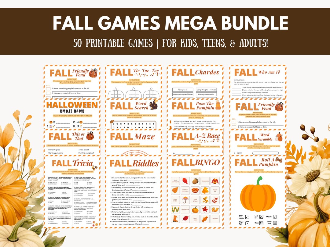 Fall Games Printable Autumn Game Bundle 50 Fall Activities for Kids ...