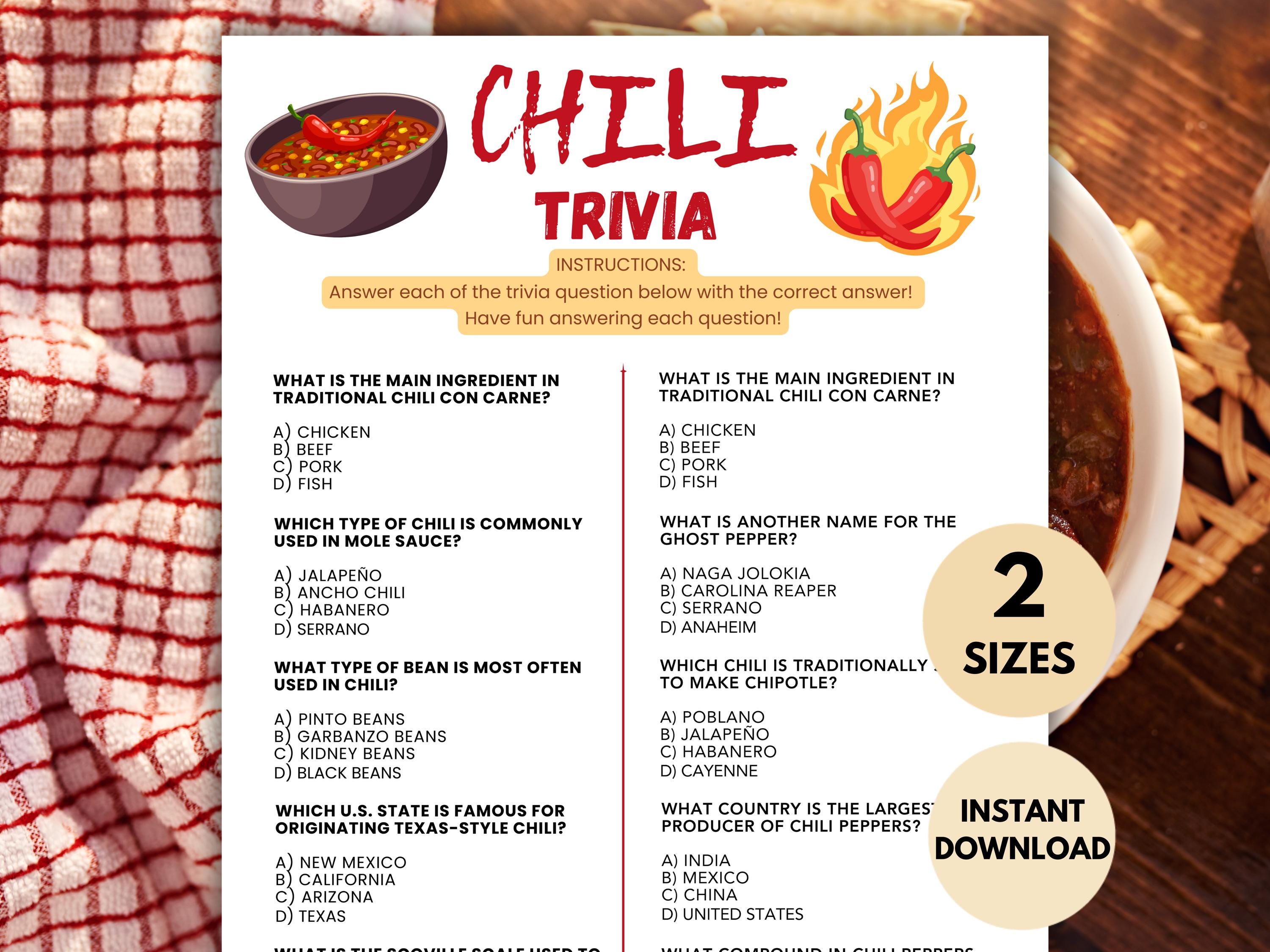 Chili Cook off Trivia, Chili Game, Chili Competition, Chili Trivia ...