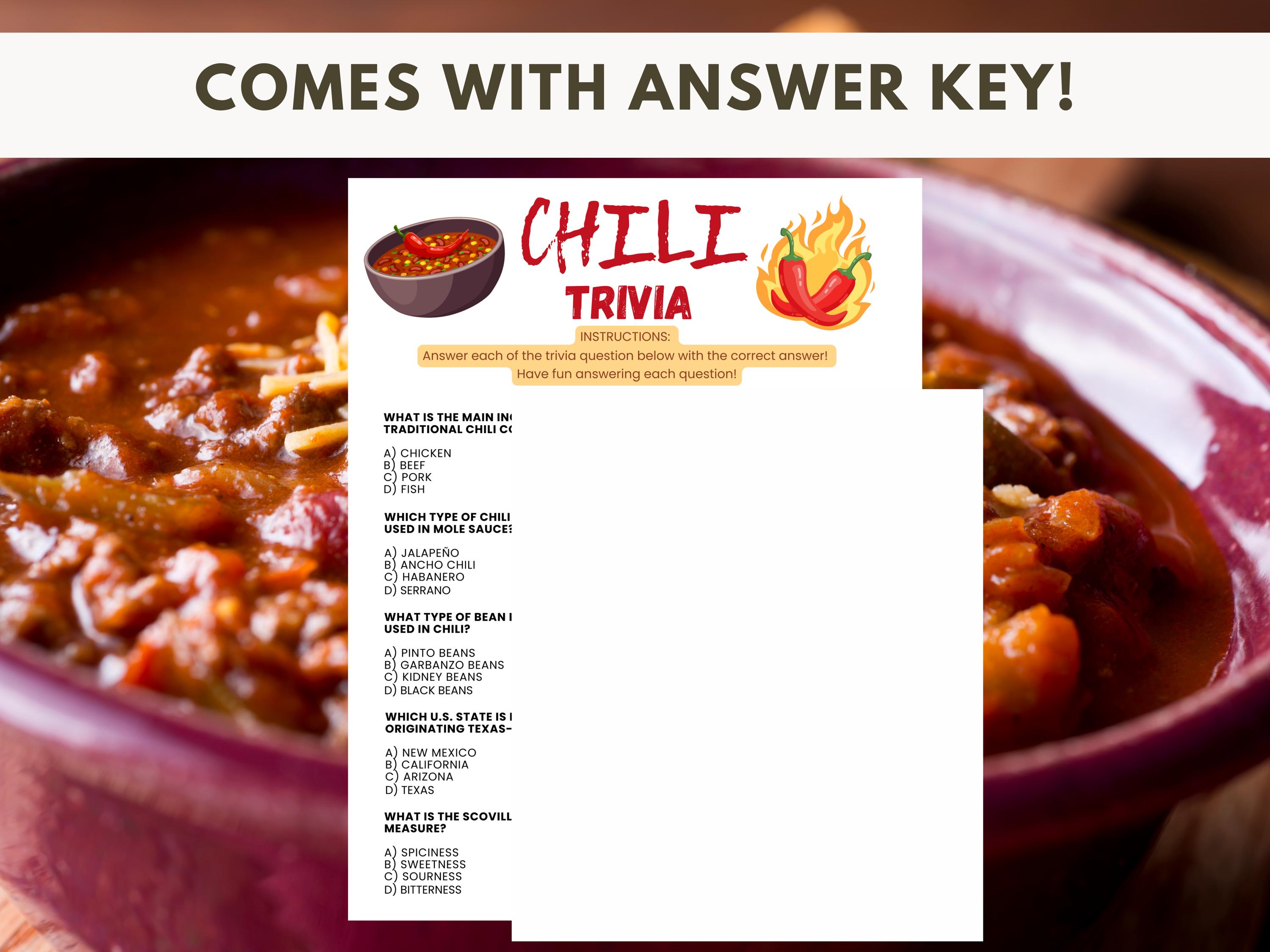 Chili Cook off Trivia, Chili Game, Chili Competition, Chili Trivia ...