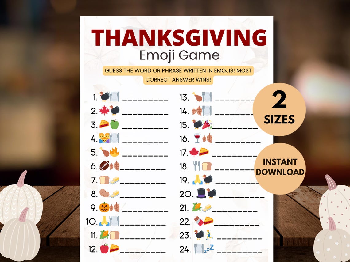 Thanksgiving Emoji Game, Printable Fall Pictionary Game for Kids Teens ...
