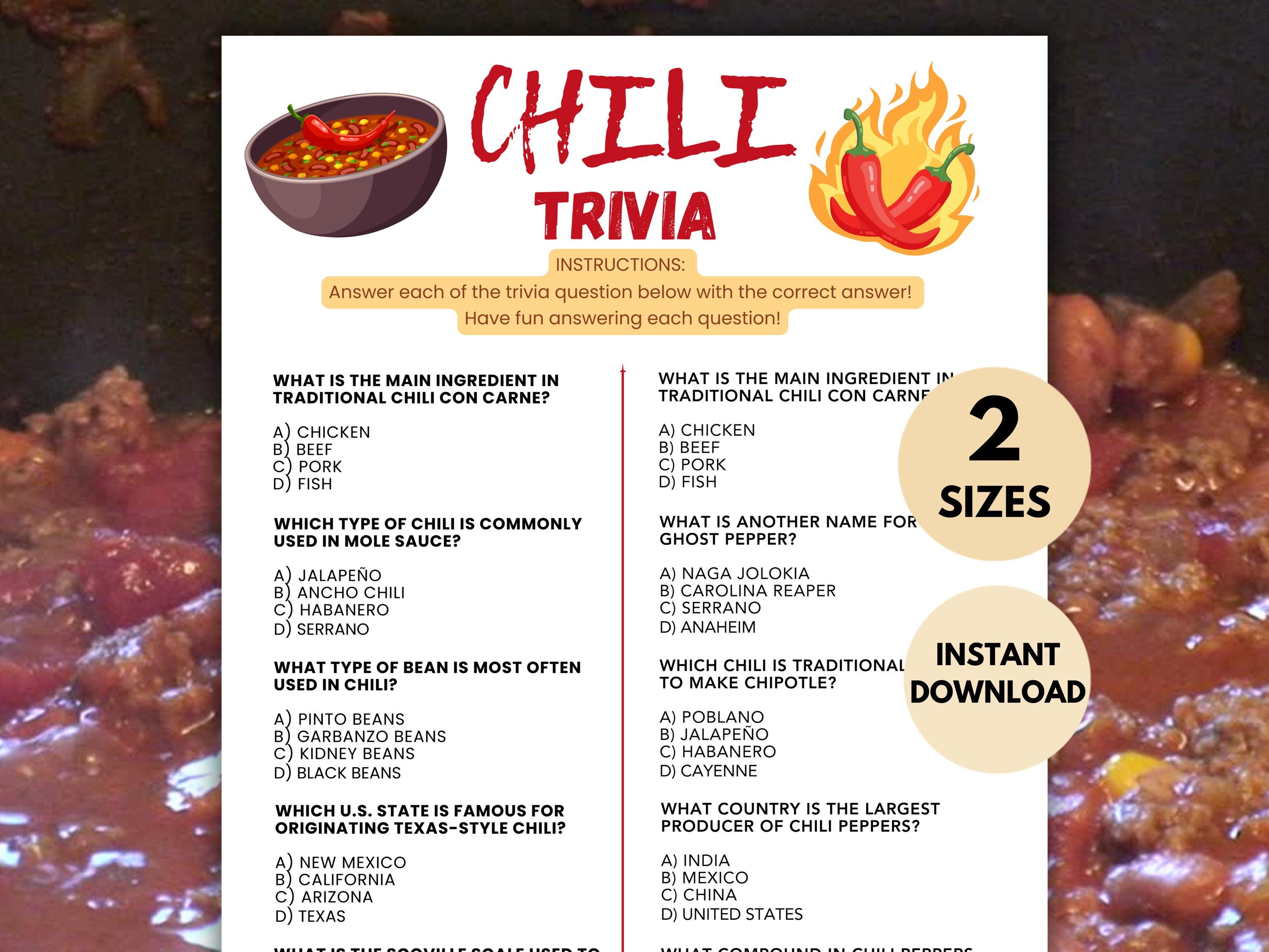 Chili Cook off Trivia, Chili Game, Chili Competition, Chili Trivia ...