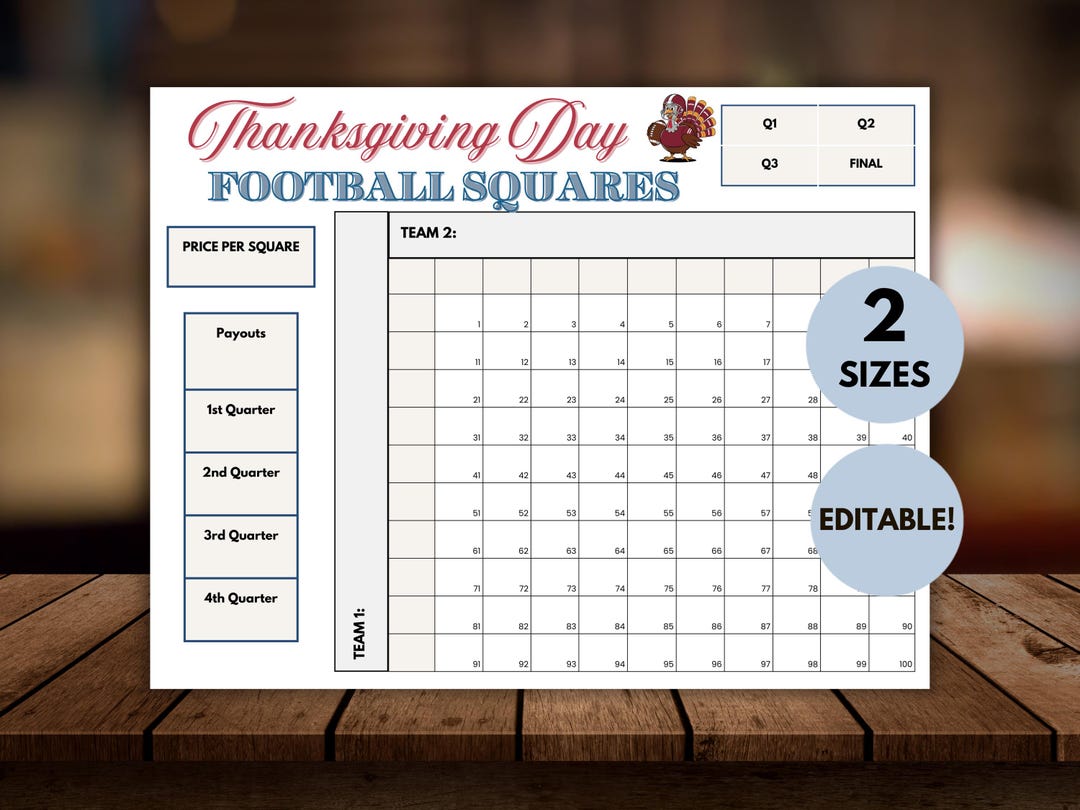 Thanksgiving Day Football Squares, Football Squares Editable, 100 ...