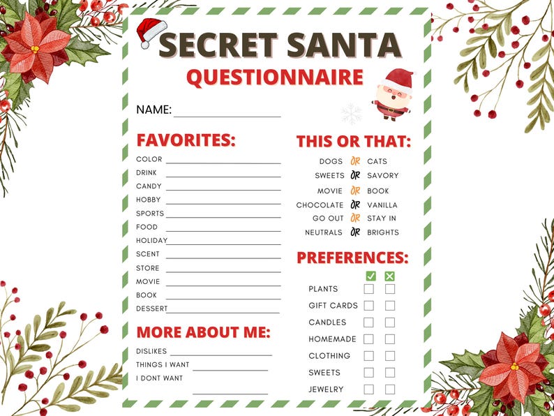 Secret Santa Questionnaire for Christmas Gift Exchange Printable ...
