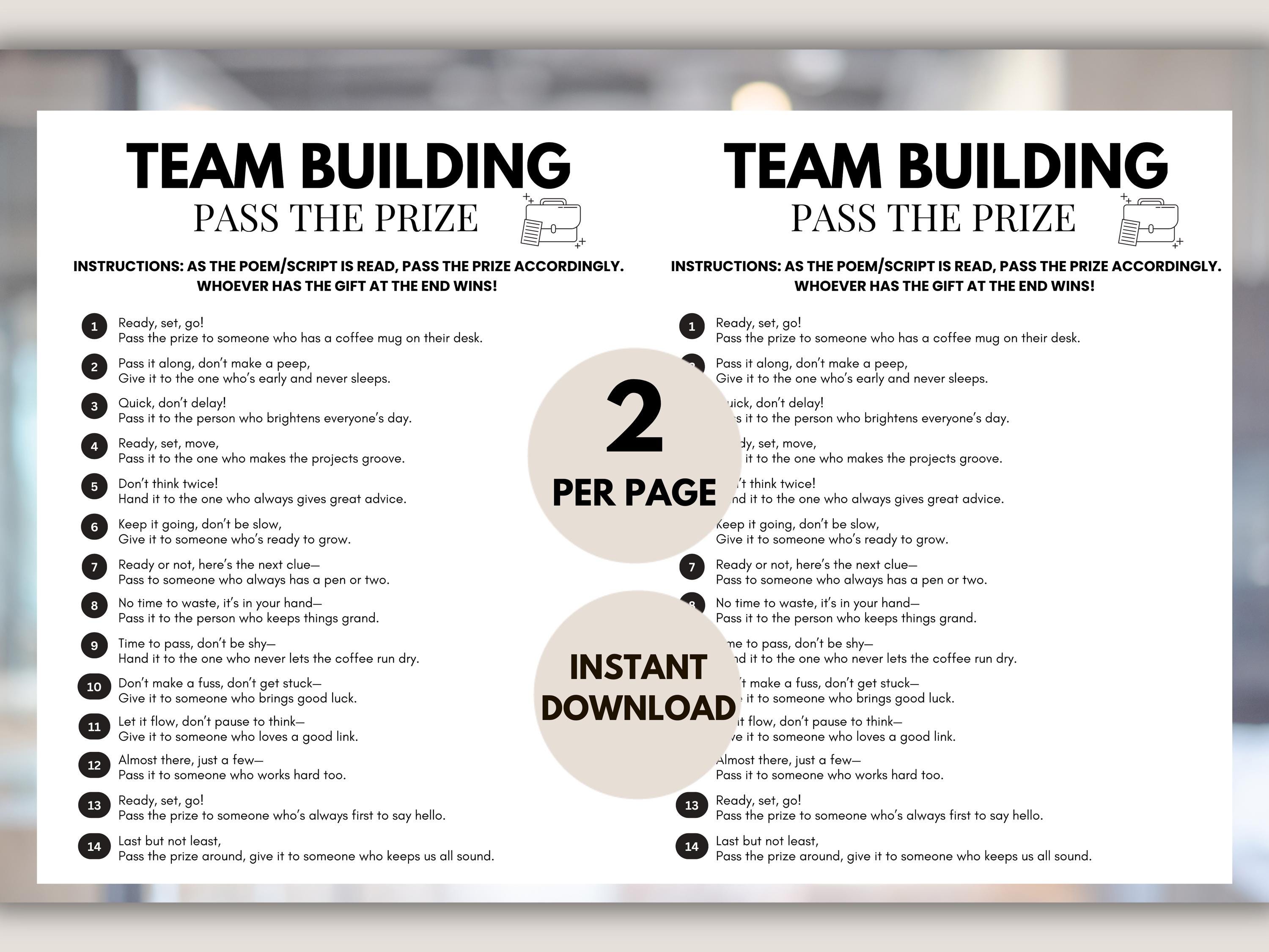Office Team Building Games, Pass the Prize Work Edition, Printable ...