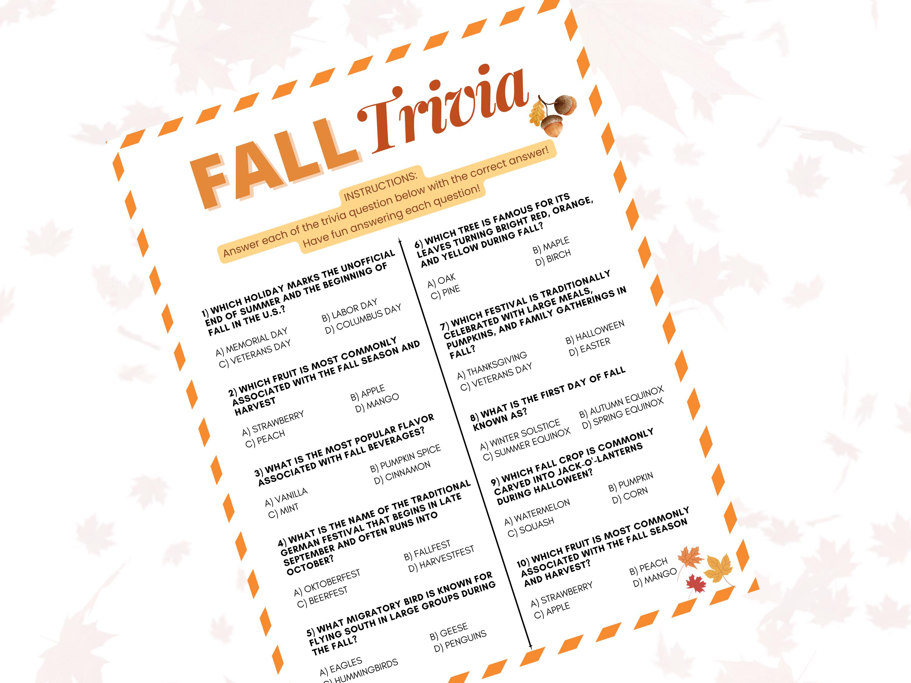 Fall Trivia Printable Game Autumn Activities Halloween Games for Teens ...
