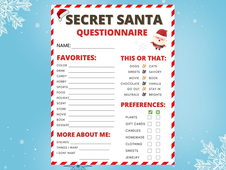 Secret Santa Questionnaire, Christmas Gift Exchange Printable (PDF) - Etsy