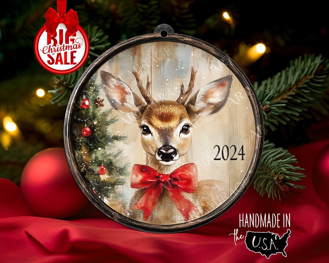YOUNG BUCK Christmas Ornament Rustic Portrait With Tree and Red Bow ...