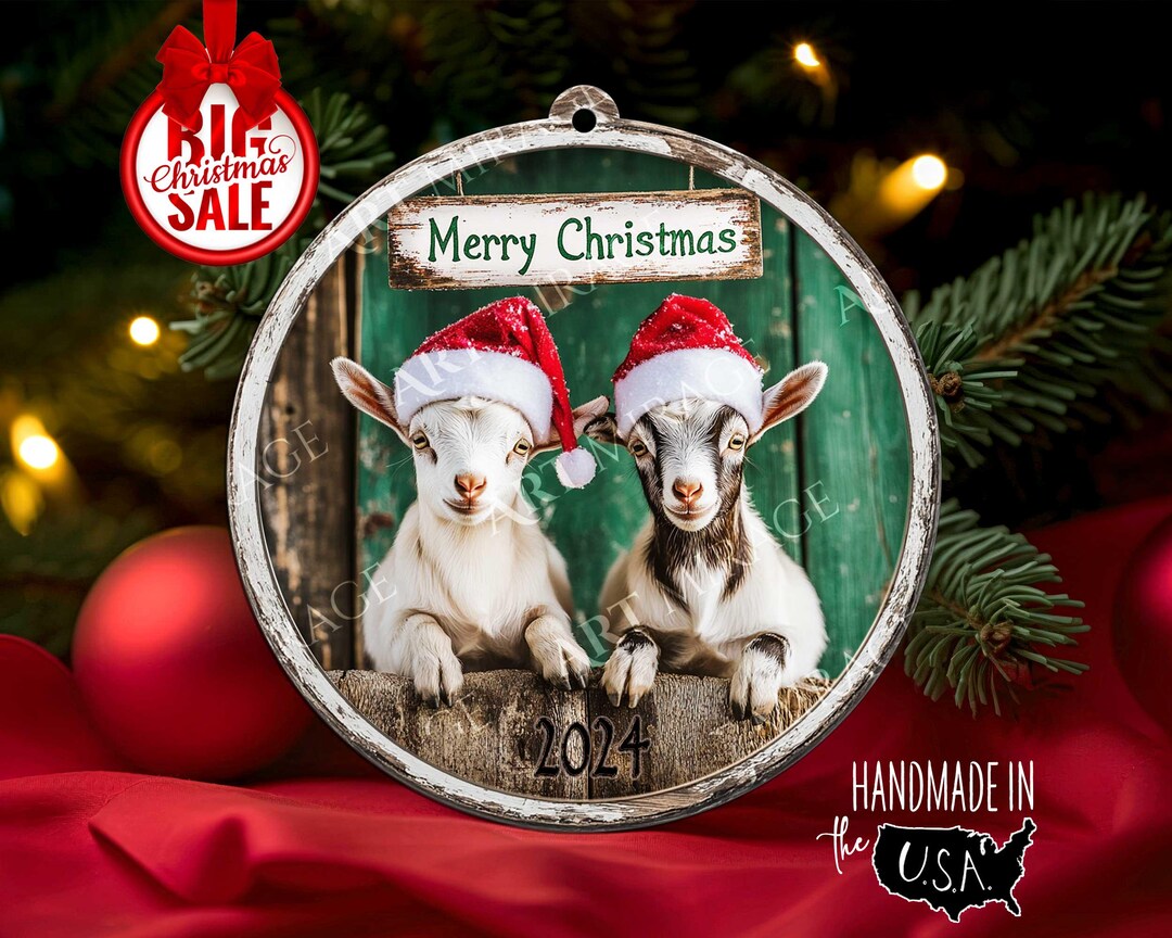 GOATS on BARN FENCE Ornament Rustic Christmas Decor With Green Barn ...
