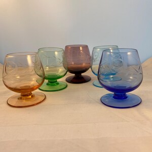 Set of Five Vintage Etched Small Mini Snifter Aperitif Glasses MCM All ...