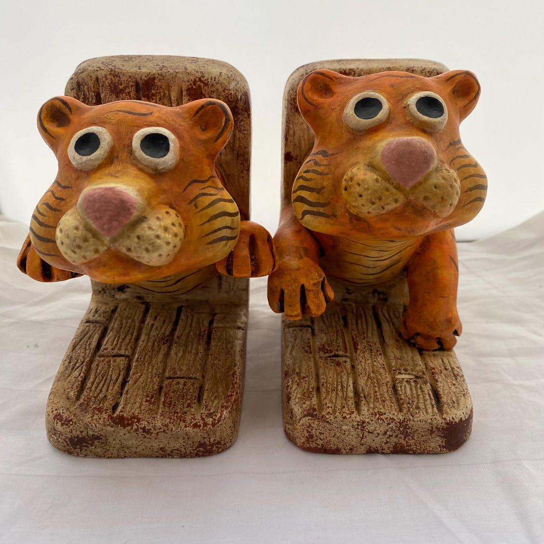 Vintage Pair of Tiger Bookends Ceramic Clay Orange Cat Mexico Signed ...