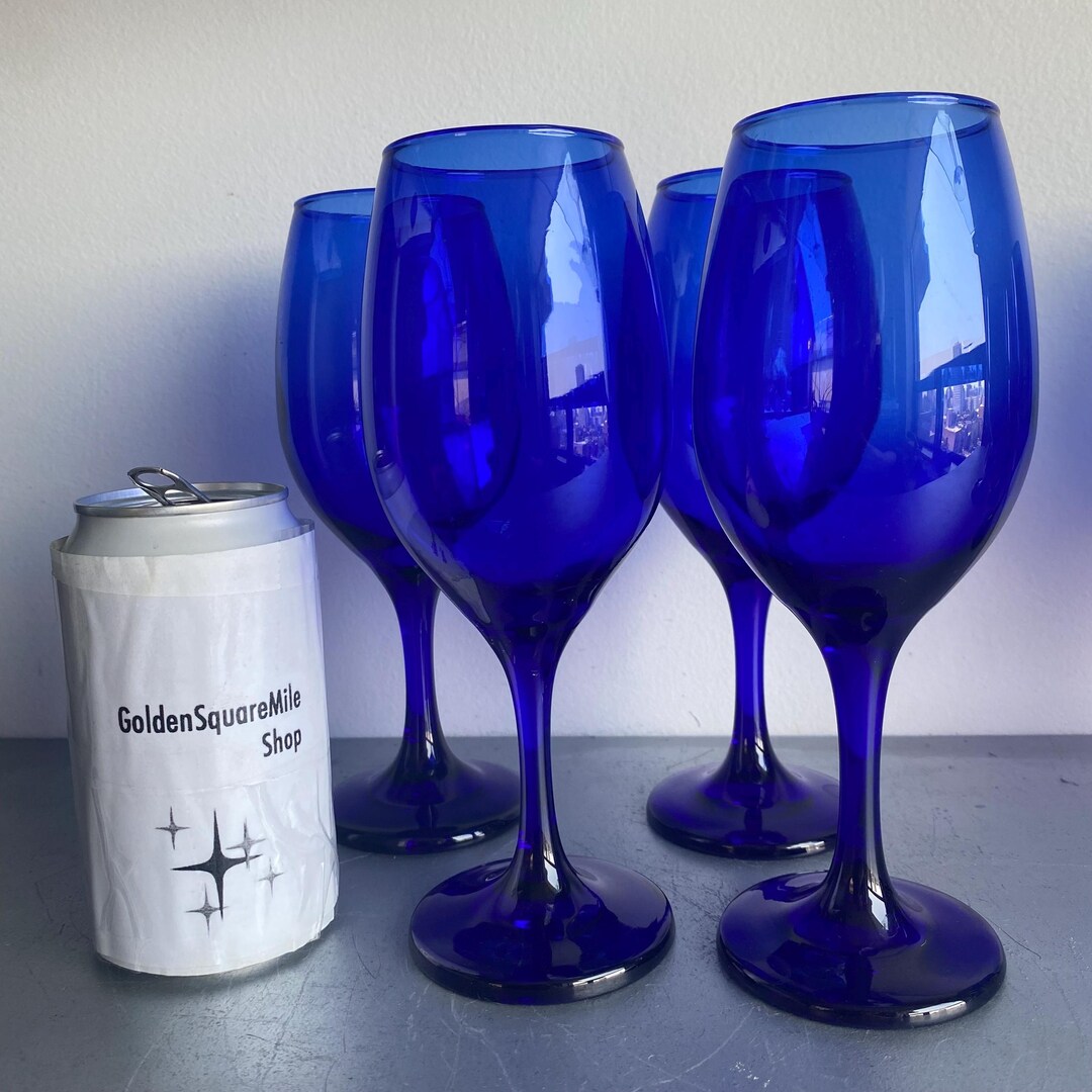 Set of 4 Cobalt Blue Water Wine Stemmed Glass Water Glasses 8 1/8" Tall ...