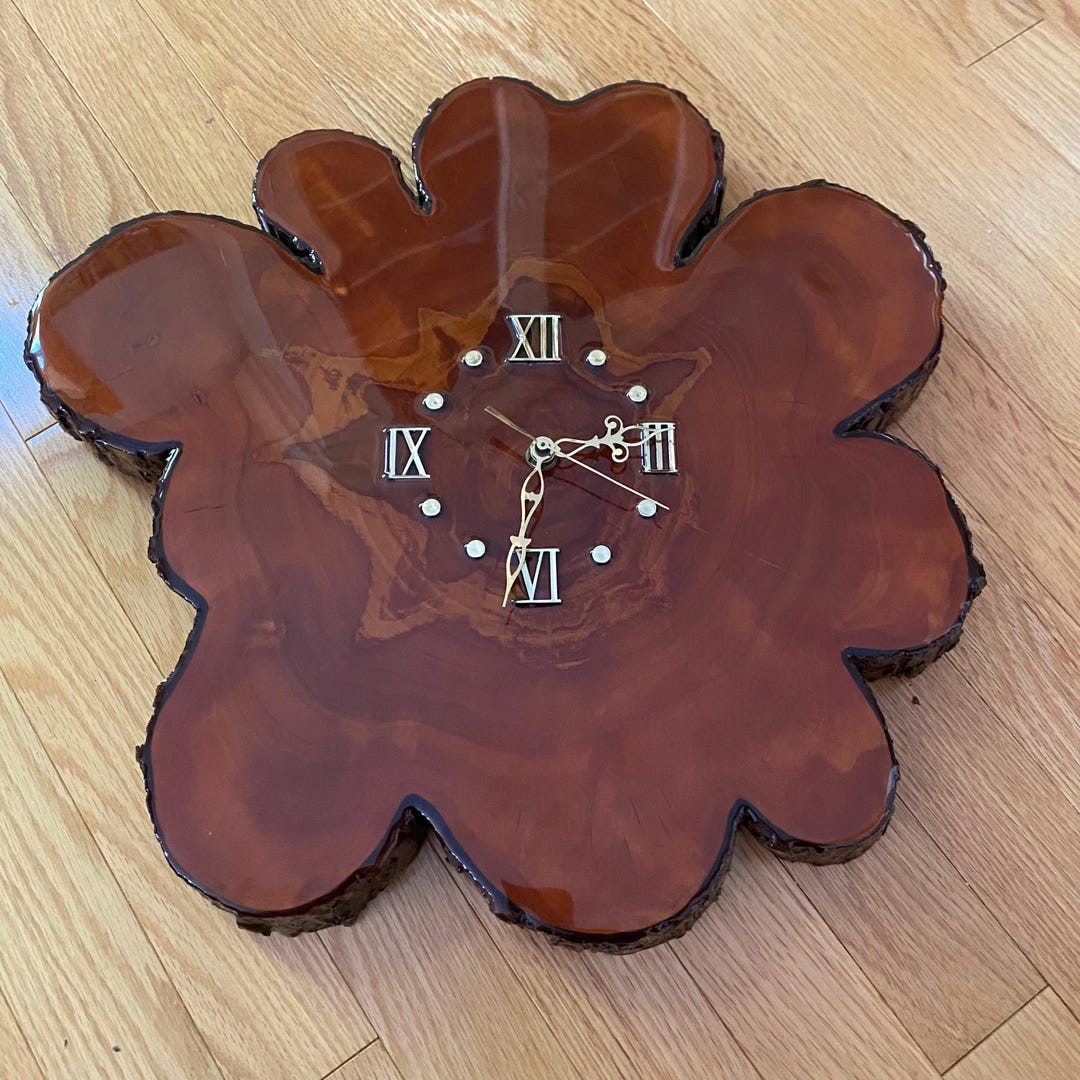 Vintage MCM Cypress Tree Live Edge Wood Wall Clock Slab Glossy Finish ...