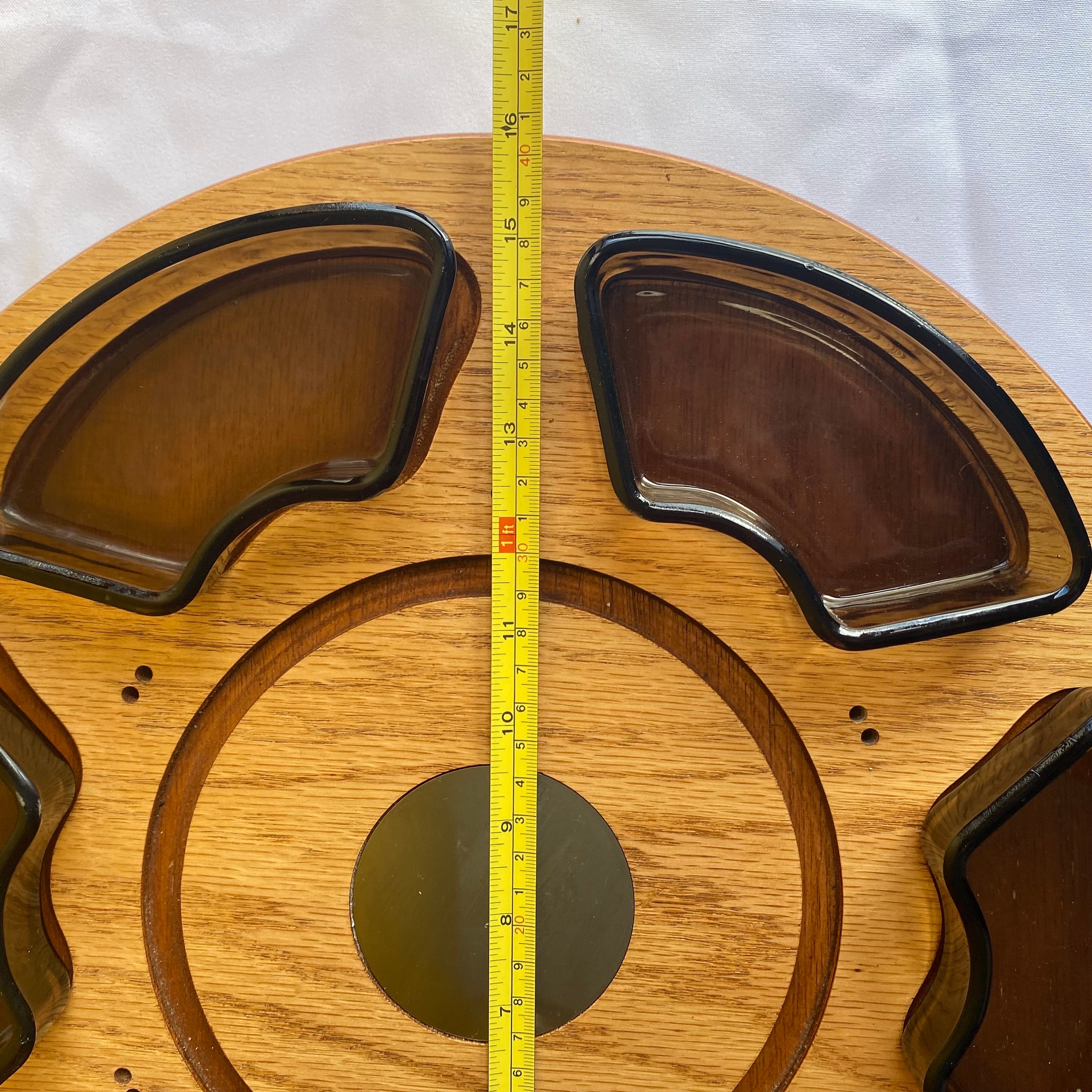 Large Vintage MCM Round Turnable Round Tray Wood 6 Smoke Glass Trays ...
