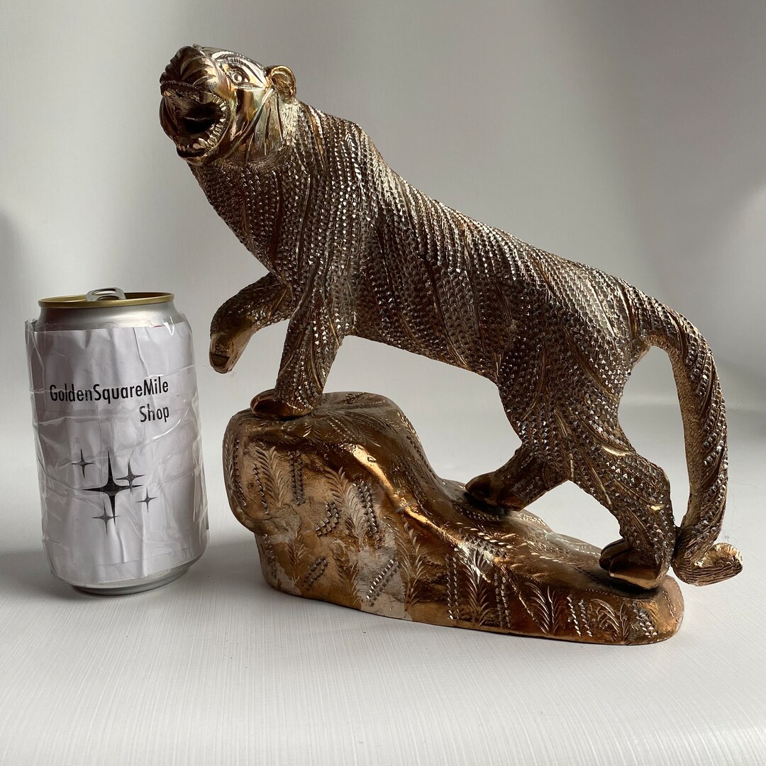 Vintage Cast Metal Brass Roaring Prowling Tiger Carved Gold 2 Tone ...