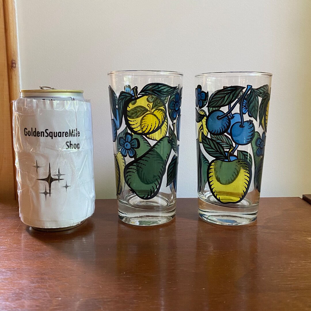 Vintage 2 Glasses Fruit Motif Dominion Glass Pair Vibrant Blue Green ...