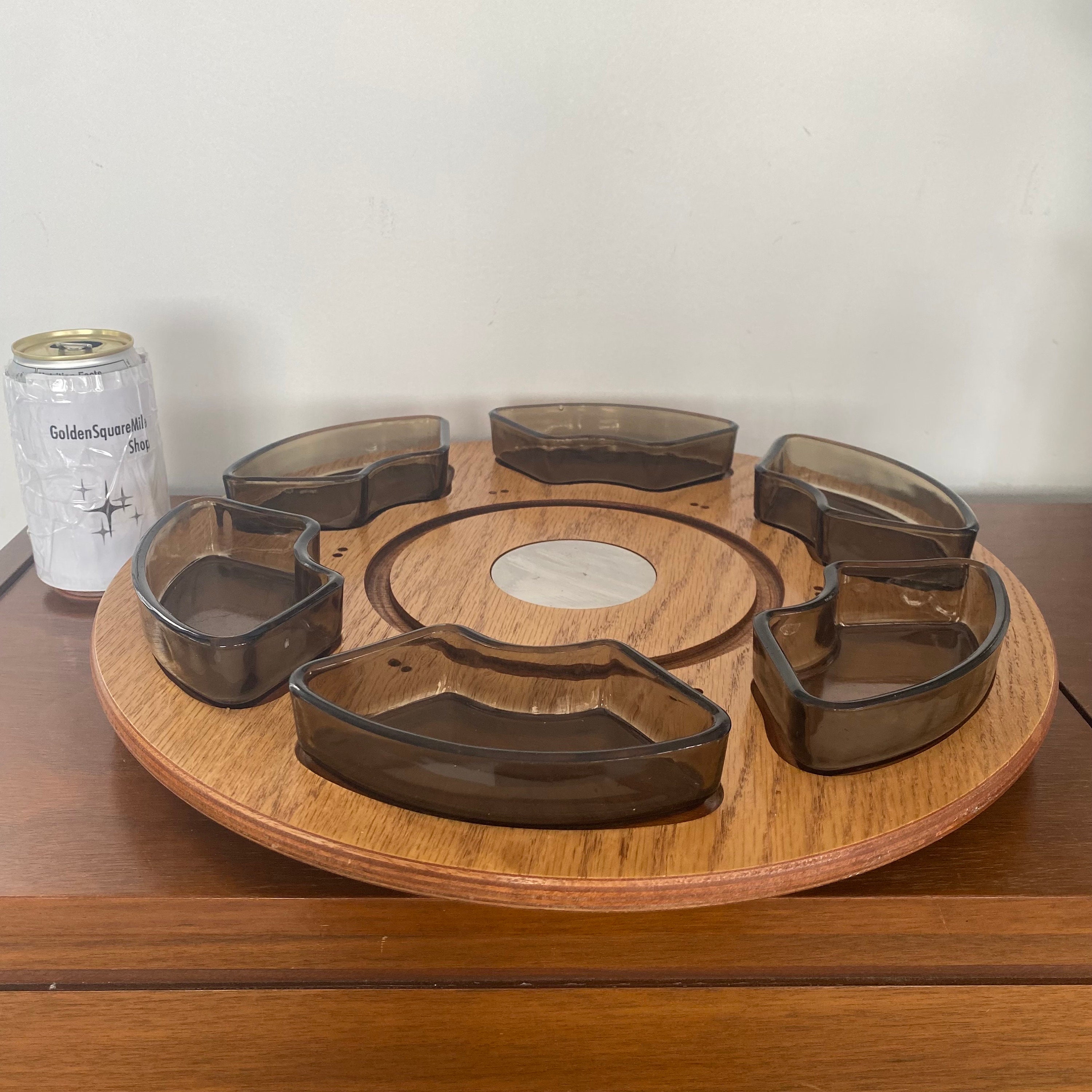 Large Vintage MCM Round Turnable Round Tray Wood 6 Smoke Glass Trays ...