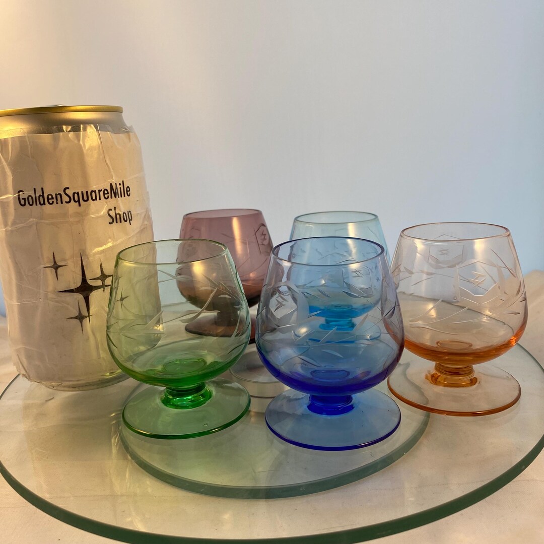 Set of Five Vintage Etched Small Mini Snifter Aperitif Glasses MCM All ...