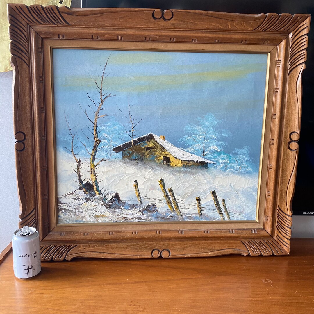 Vintage X-large MCM Landscape Winter Cabin Oil Painting Wood Carved ...
