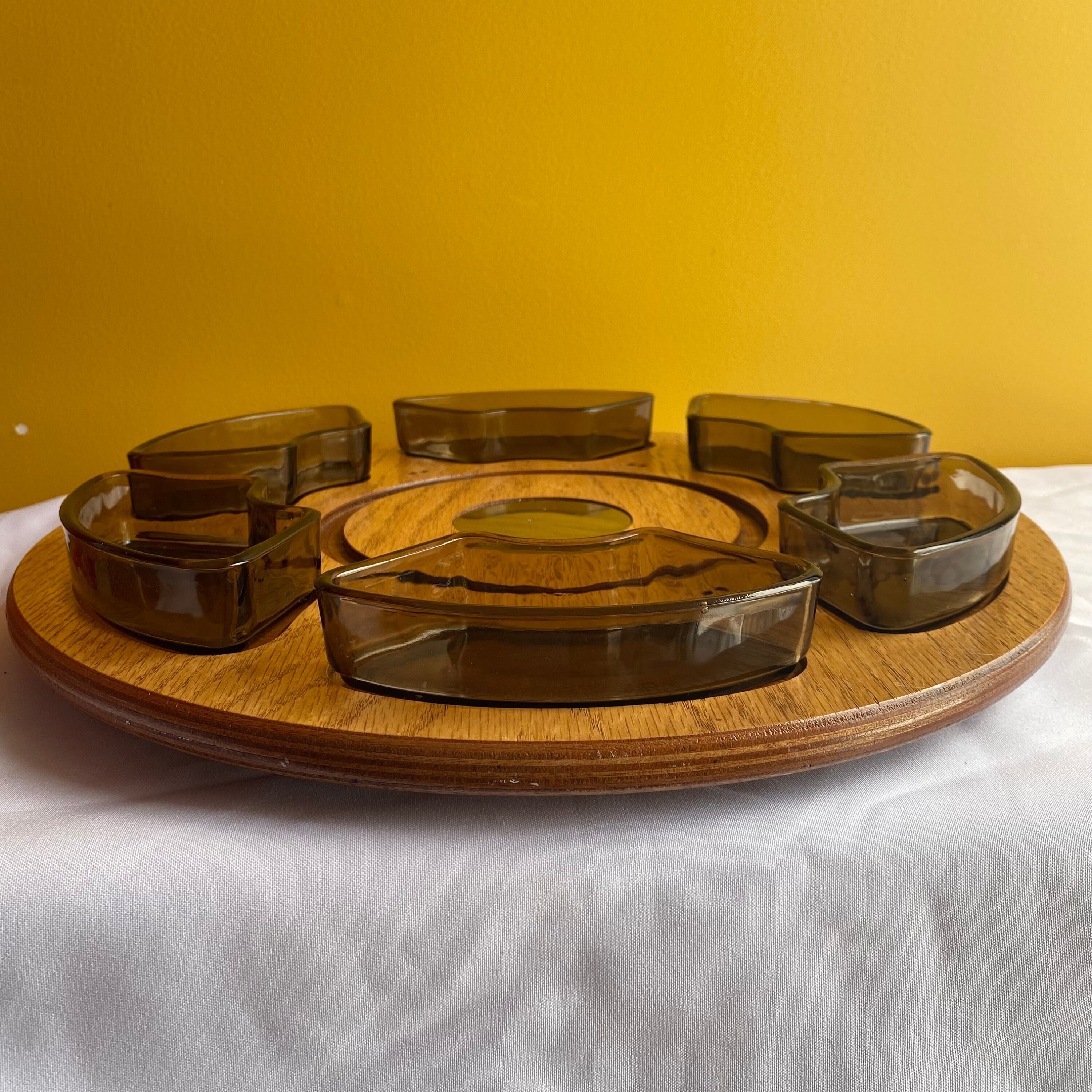 Large Vintage MCM Round Turnable Round Tray Wood 6 Smoke Glass Trays ...
