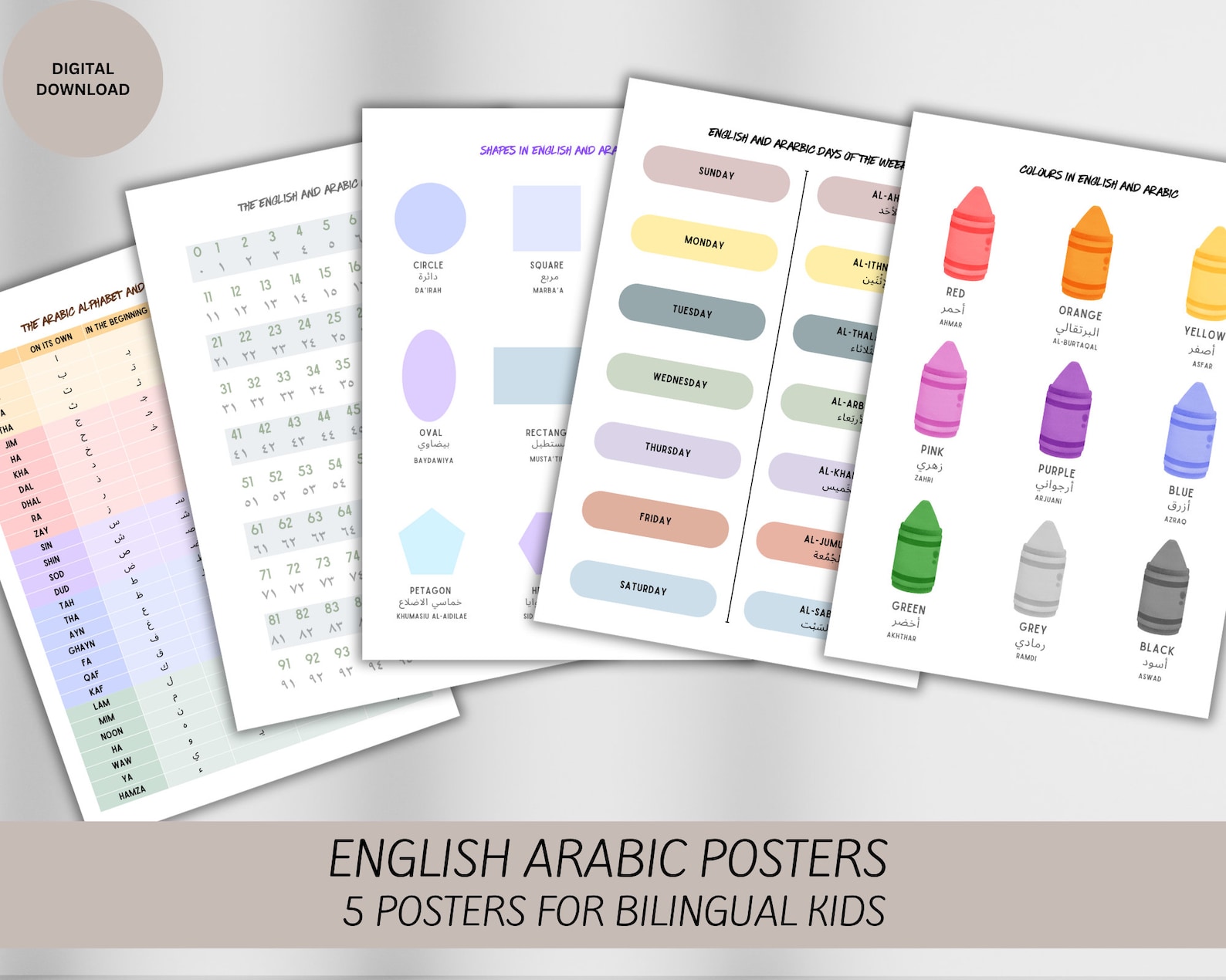 Set of 5 English Arabic Posters - Arabic Alphabet, Numbers, Days of the ...