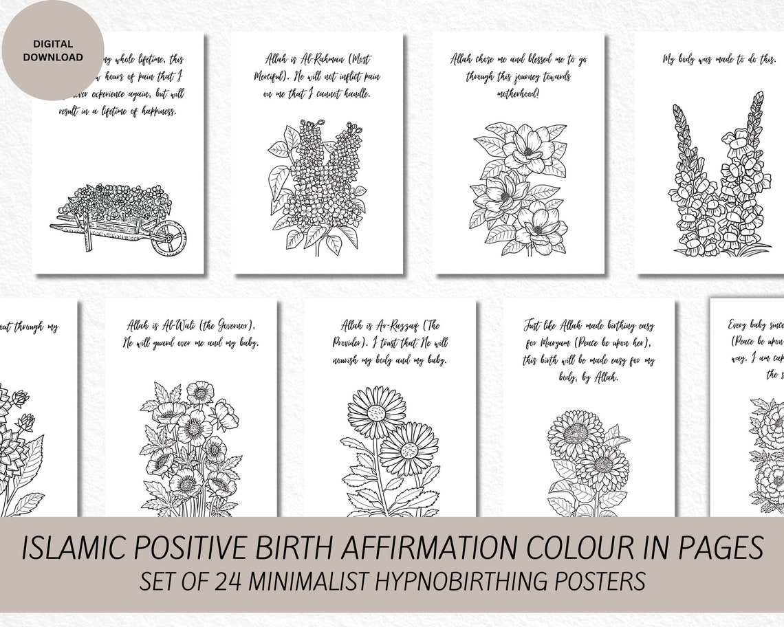 Islamic Positive Birth Affirmation Colour in Pages - 24 Hypnobirthing ...